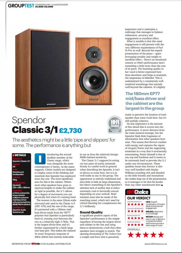 Hifi Choice Magazine: Spendor Classic 3/1 won the PK championship in the speaker group - iNEWS