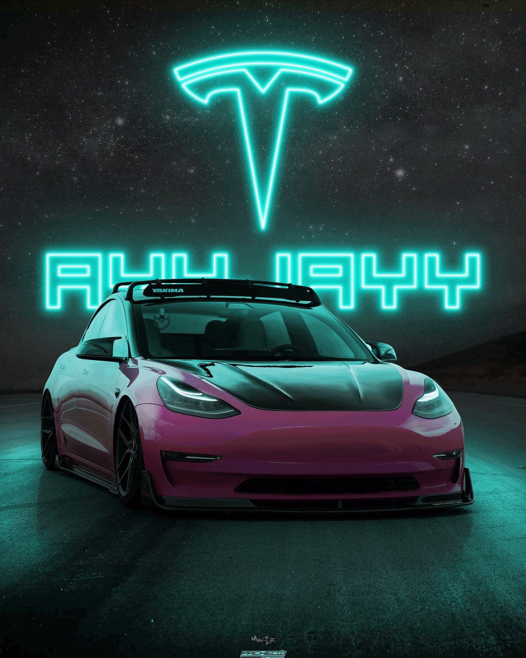 The pink Tesla Model 3 with the gas tank and flame effect, the electric ...