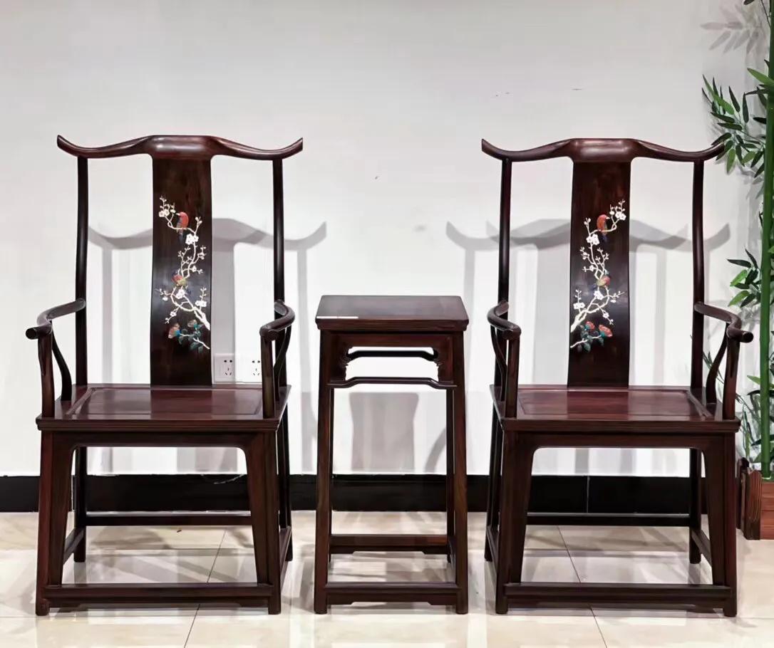 Three-piece set of red rosewood inlaid color shell official hat chair ...