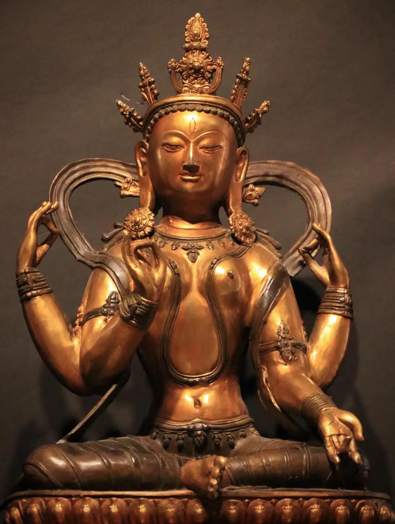 The four-armed gilt bronze statue of Tara is 50 long, 34 wide and 22 cm ...