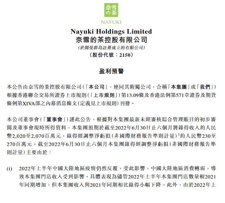 Nai Xue's Tea: The adjusted net loss in the first half of the year was about 230 million to 270 ...