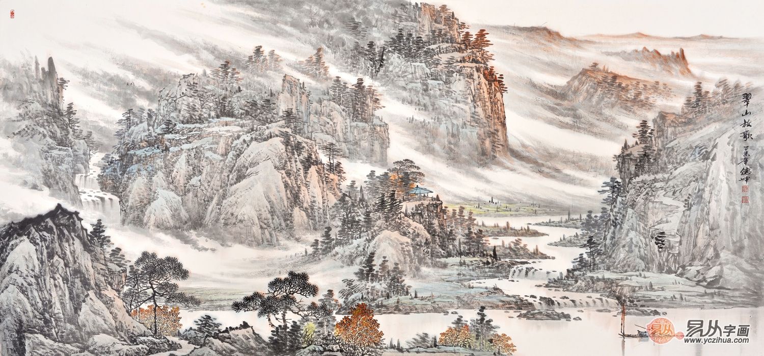 Lin Dekun's landscape paintings hang in the study full of literary ...
