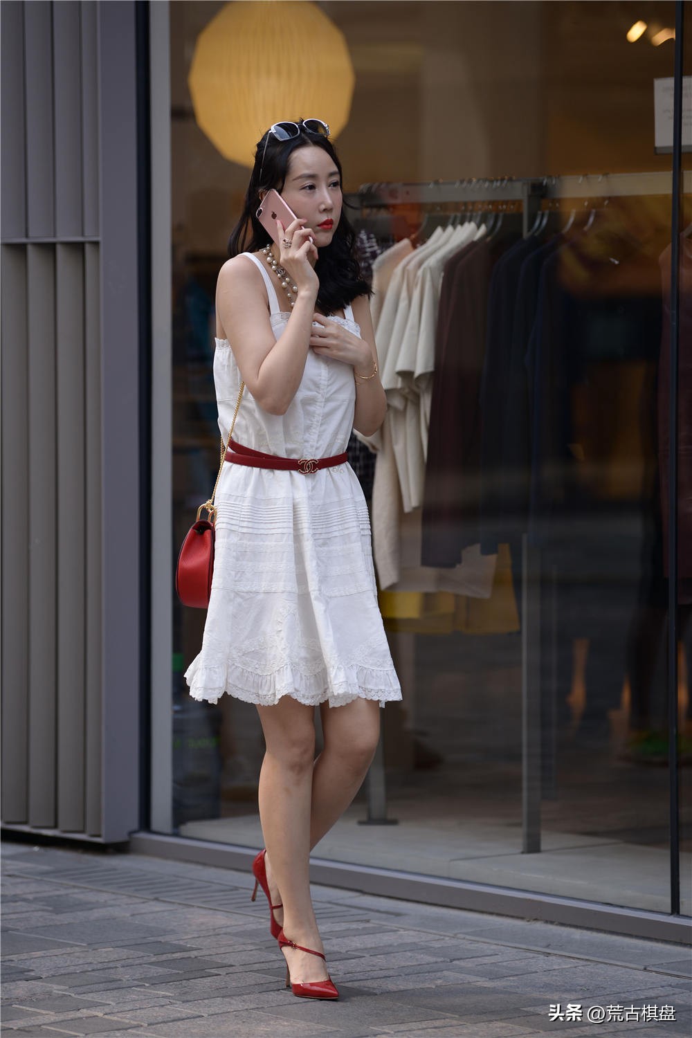 Red pointed toe stiletto sandals with diagonal laces, with a white ...