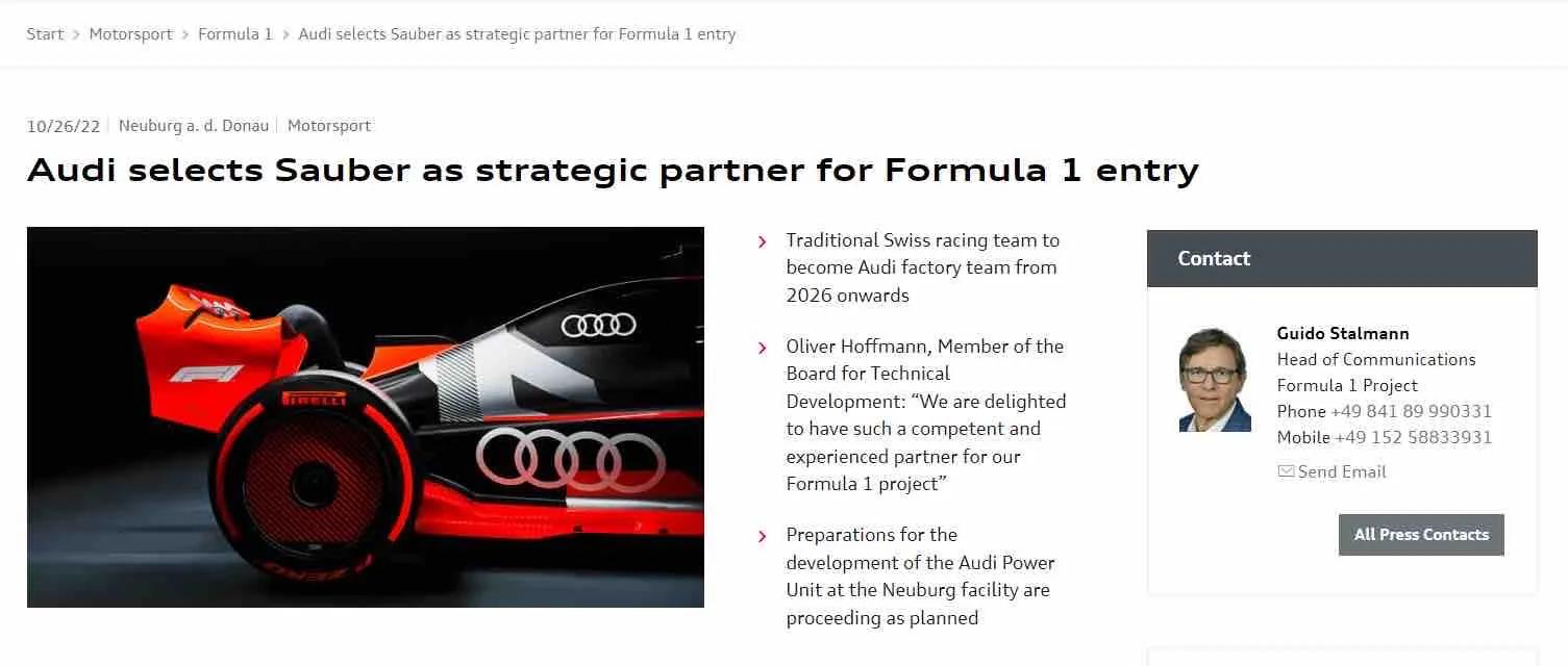 Sauber will compete as an Audi factory team in 2026 and use Audi power ...
