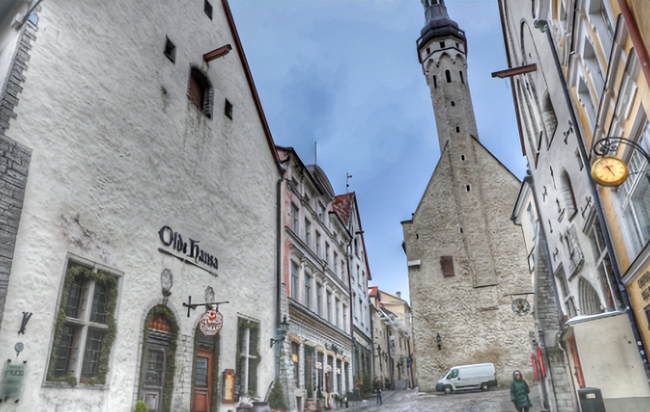 Settlement and wall construction in the old town of Tallinn with a long ...