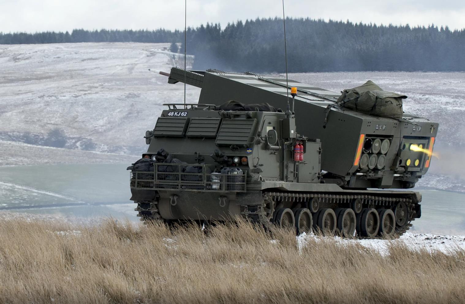 M270 multiple rocket launcher, equipped with 227mm rockets, with a wide ...