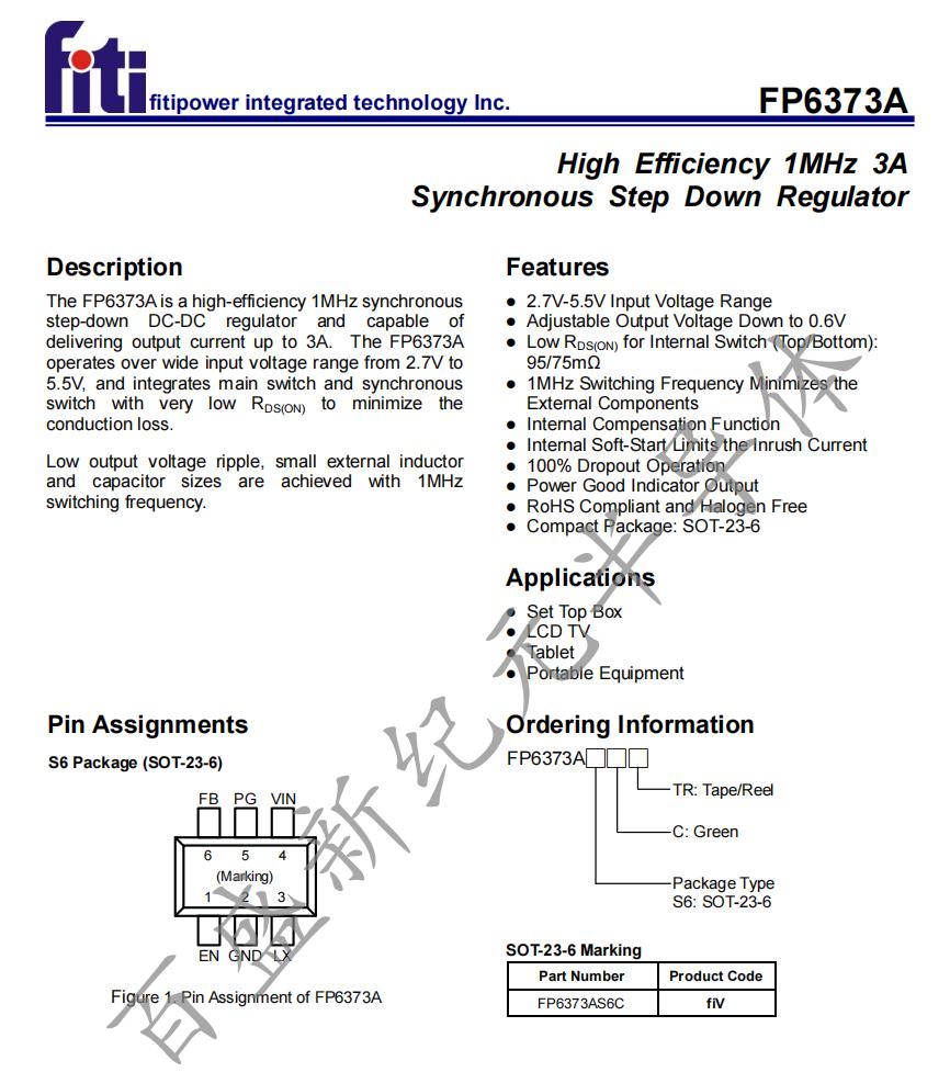 FP6373A SOT23-6 3A Synchronous Step-Down Chip DC-DC Converter Parkson ...