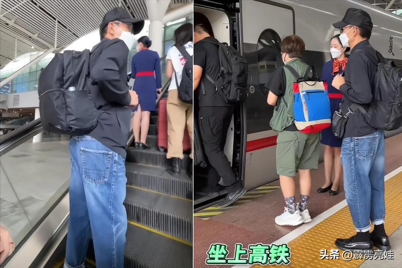 61-year-old Andy Lau squeezed a high-speed train with a big bag on his ...