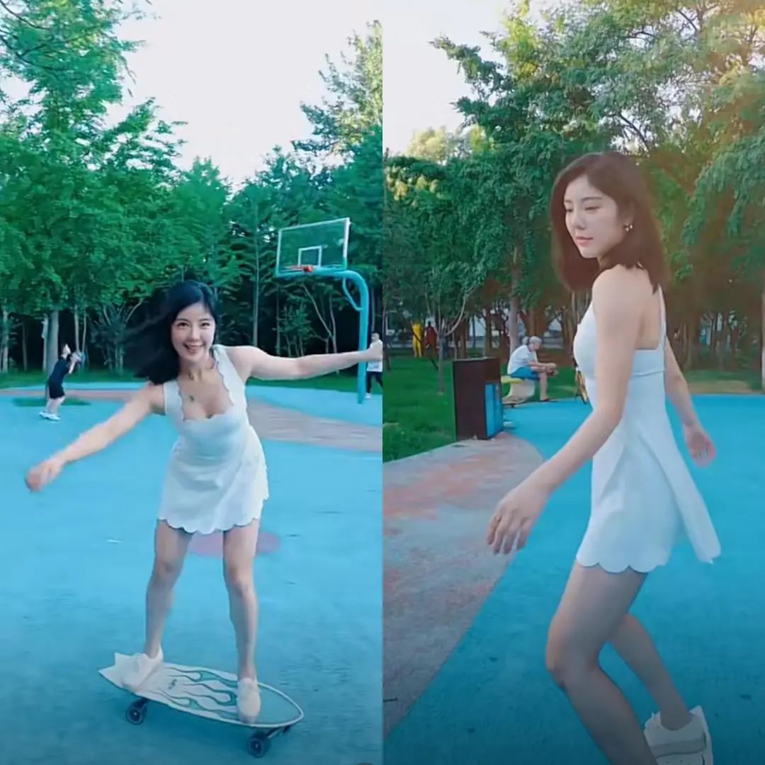 35-year-old Zhao Yihuan wears a short skirt and skates in the park - iNEWS