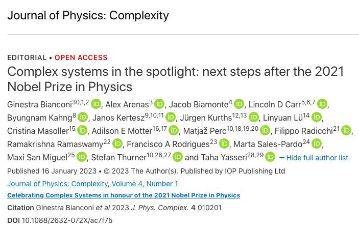 Complexity Science after the Nobel Prize: 18 Scholars Outline the Research Landscape of Complex ...