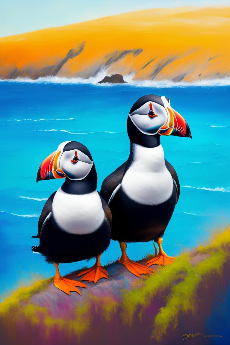 Oil painting of a pair of puffins with bright beaks, nesting on the ...