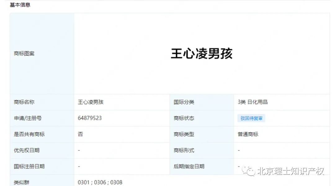 The trademark registration application for "Wang Xinling Boy" was ...