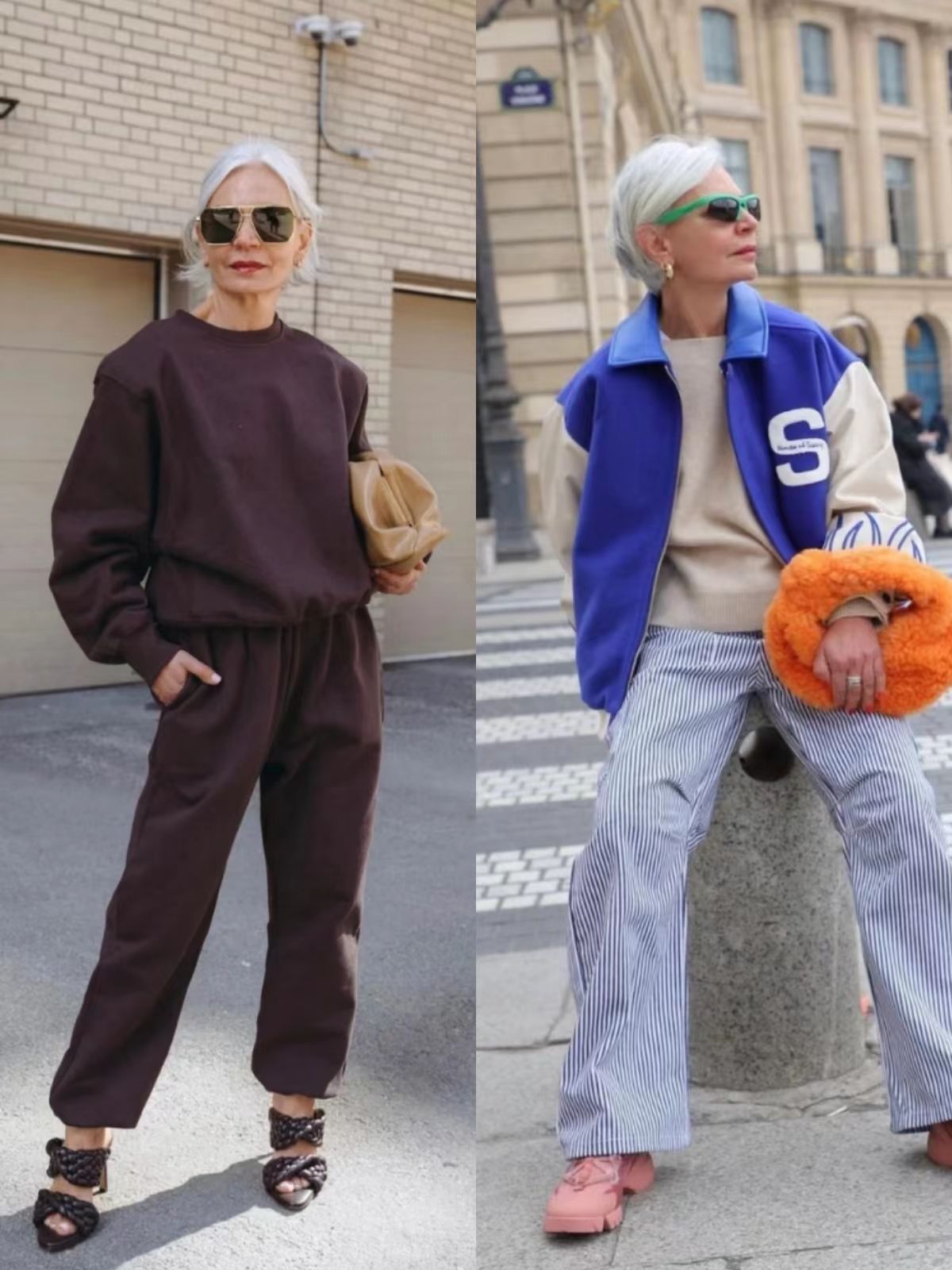 The fashionable grandma is old-fashioned. She wears clothes and throws ...
