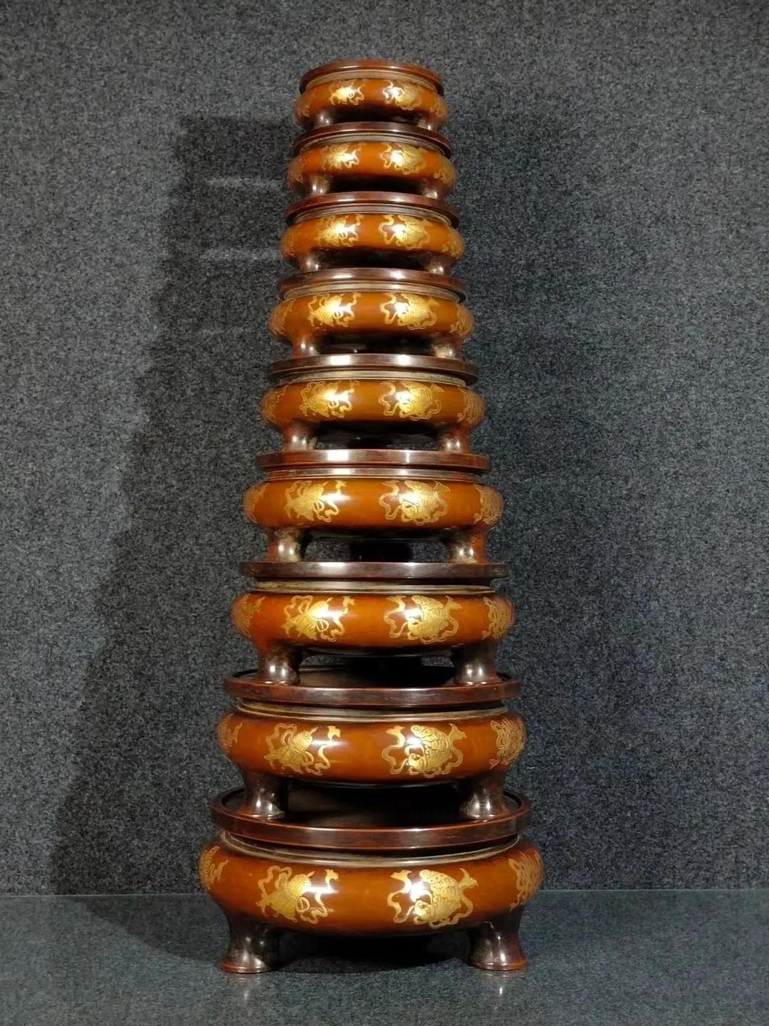 Red copper gilt real gold handmade Seiko carved eight treasures, one ...