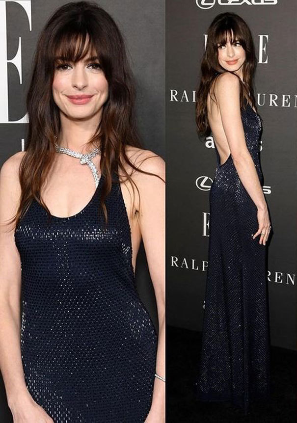 Anne Hathaway, 39, gave a speech in an open-back dress, her tight and ...