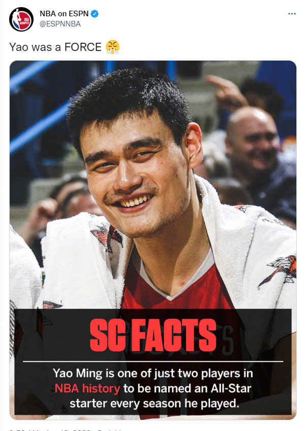 8 All-Star 8 starts in 8 years!ESPN supports the 41+16+7 Chinese giant ...