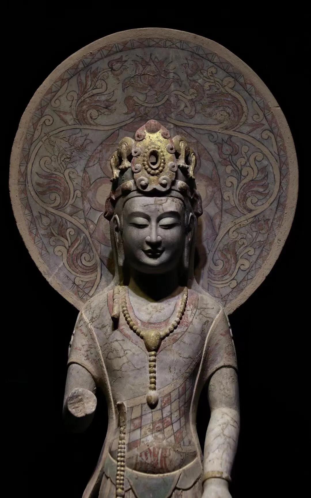 Northern Qi blue and white stone painted standing Bodhisattva statue ...