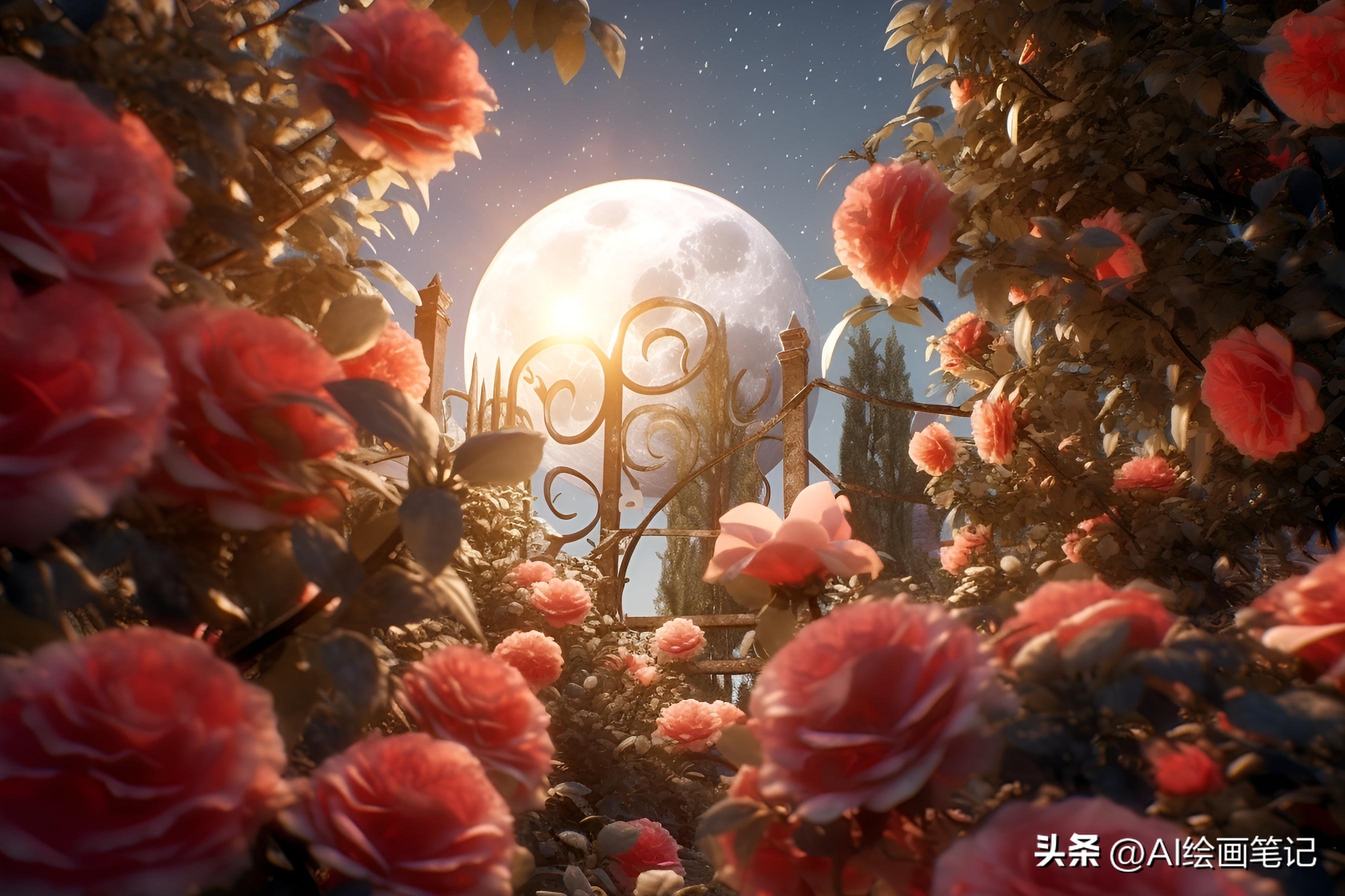 Ai Painting: Rose Manor under the moonlight, guarding the love and ...