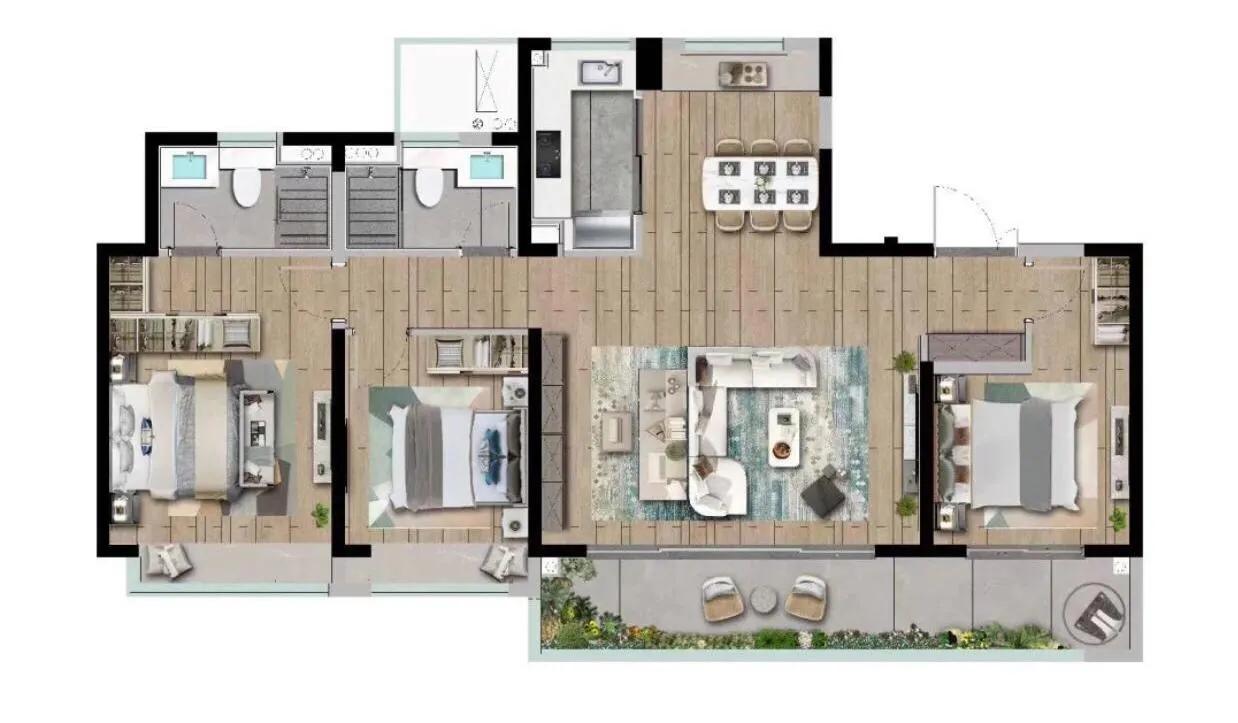 Quite elegant 139-square-meter apartment with three bedrooms facing ...