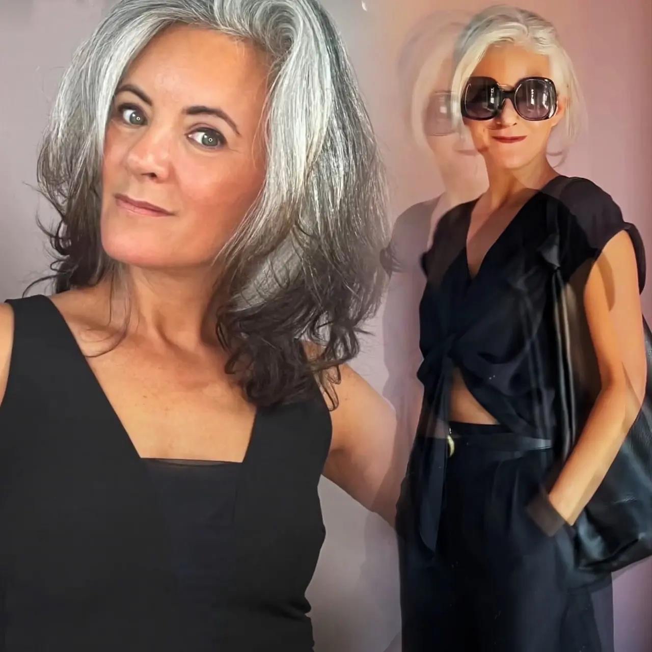 Elegant and old woman: undyed white hair with some curls, delicate and ...