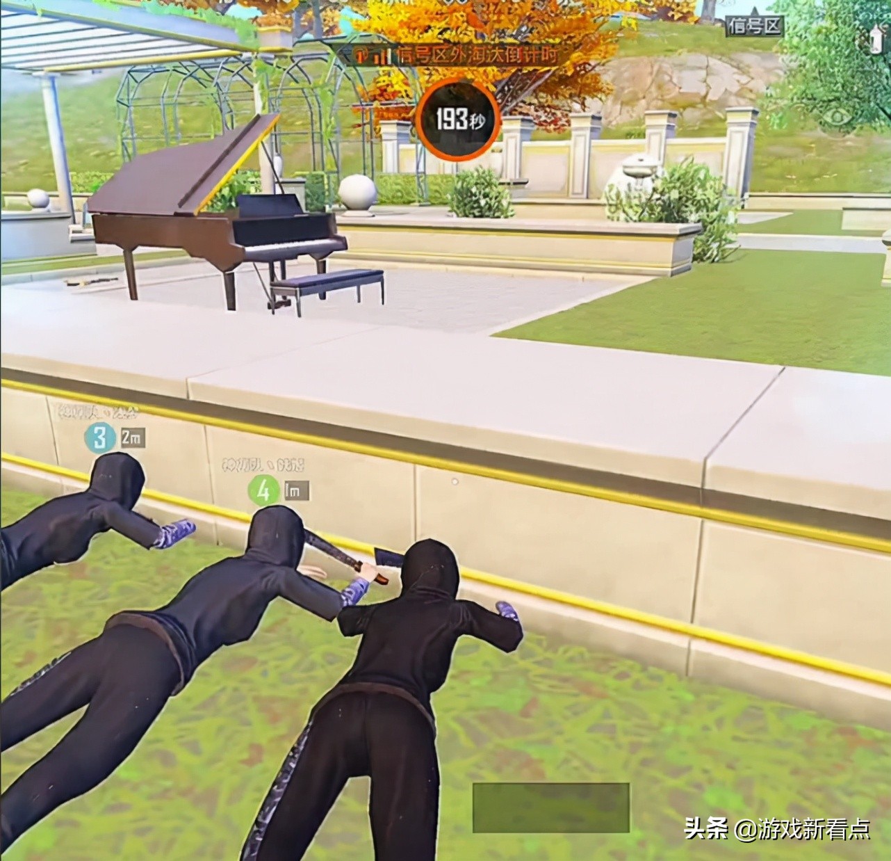 Peaceful Elite: Couple players play the piano, and four men in black ...
