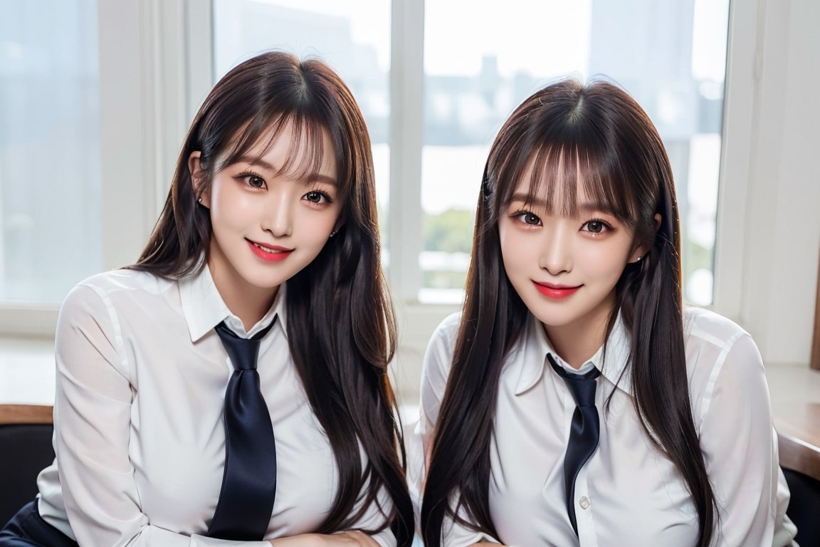 [AI Photo] Twin sisters wearing white shirts and school uniforms, do ...