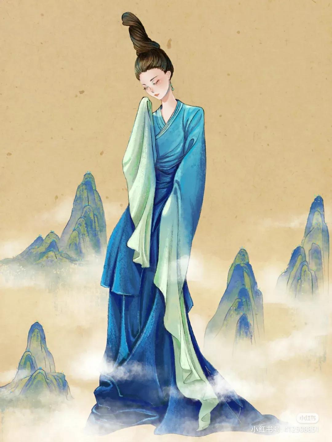 A set of beautiful and cute hand-painted blue-green avatars and ...