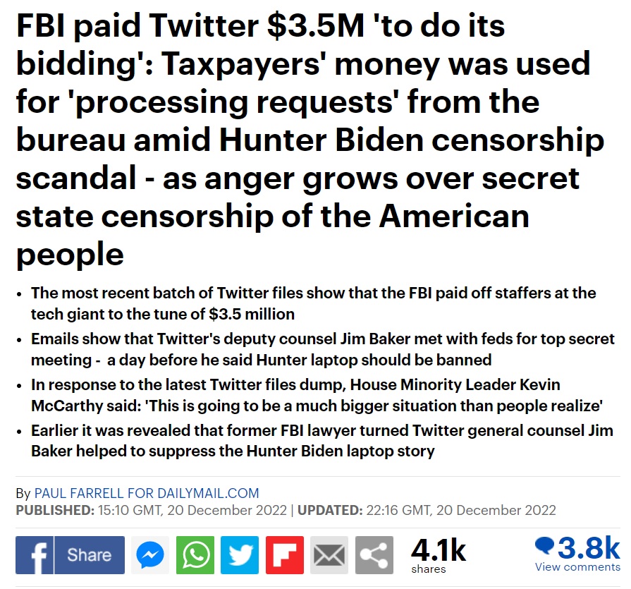 The FBI paid $3.5 million to Twitter to suppress the Biden son scandal?Is this material actually ...