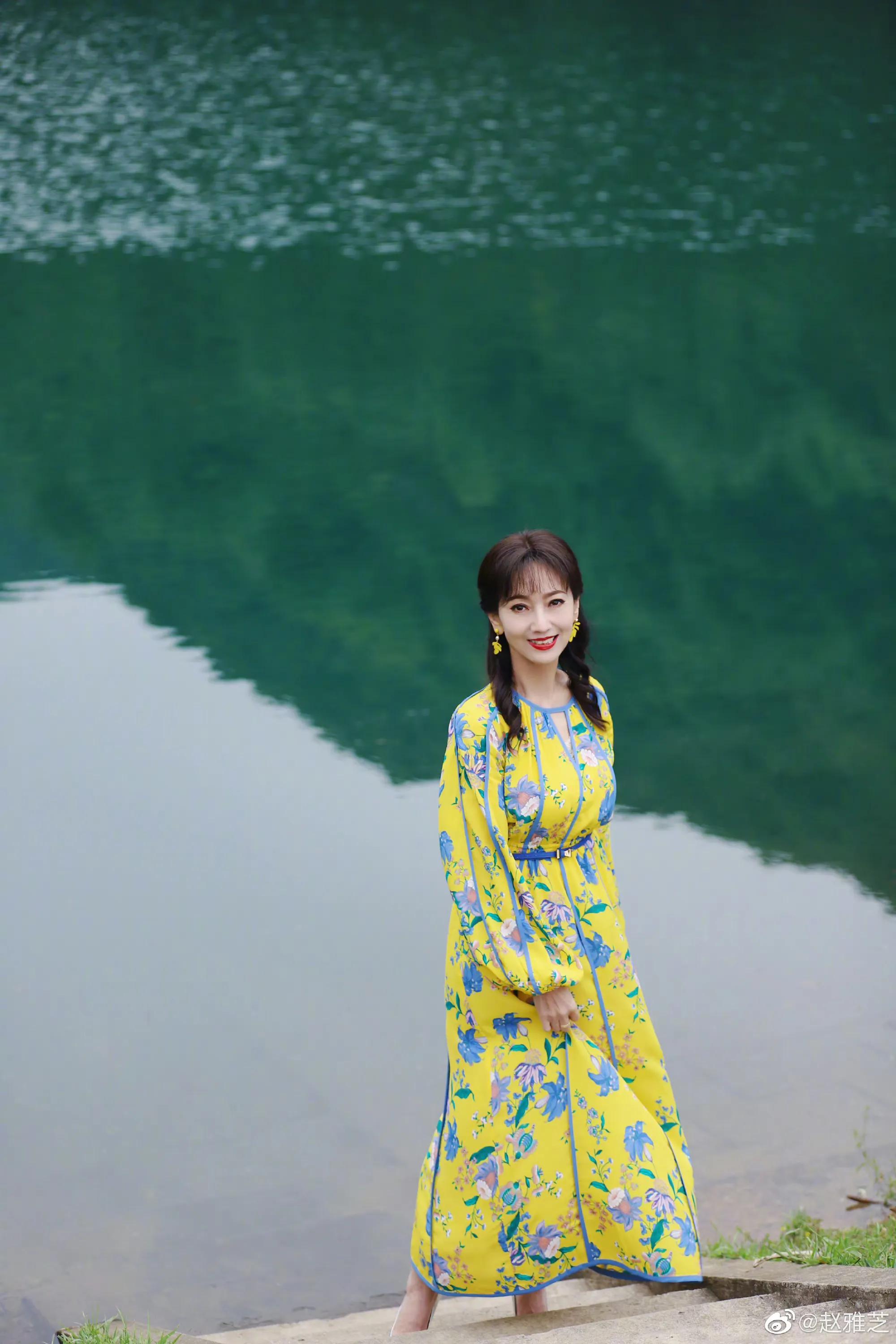 Zhao Yazhi wears a yellow printed dress with elegant and charming ...