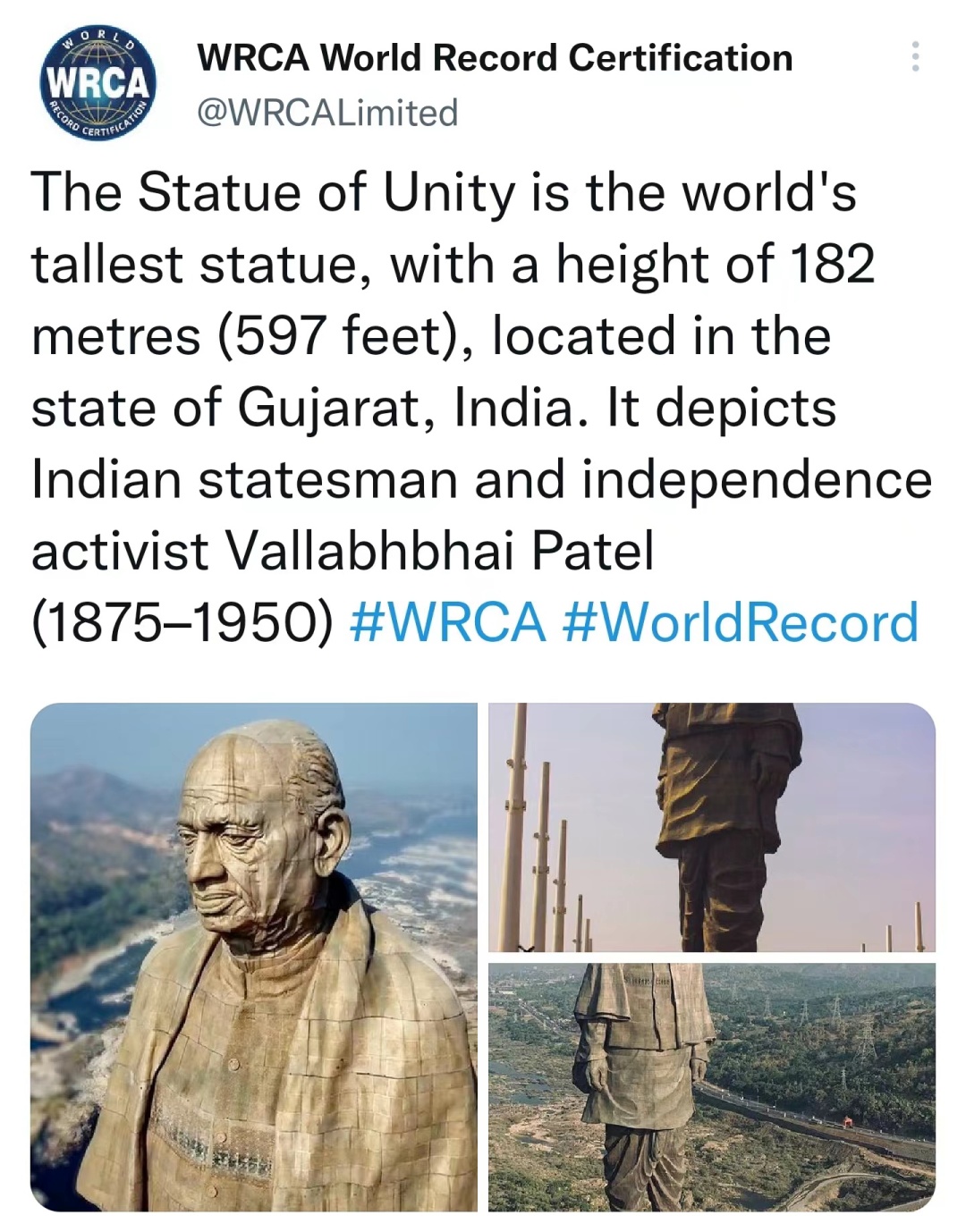 "WRCA encyclopedia" the world's tallest statue: India's unity statue ...