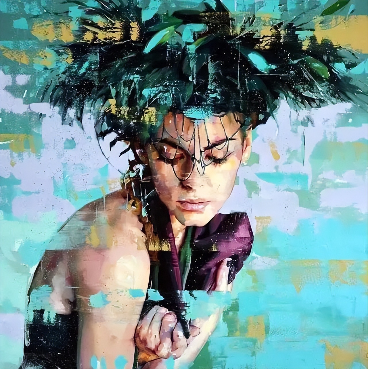 Appreciation of giant portrait oil painting with mottled colors ...