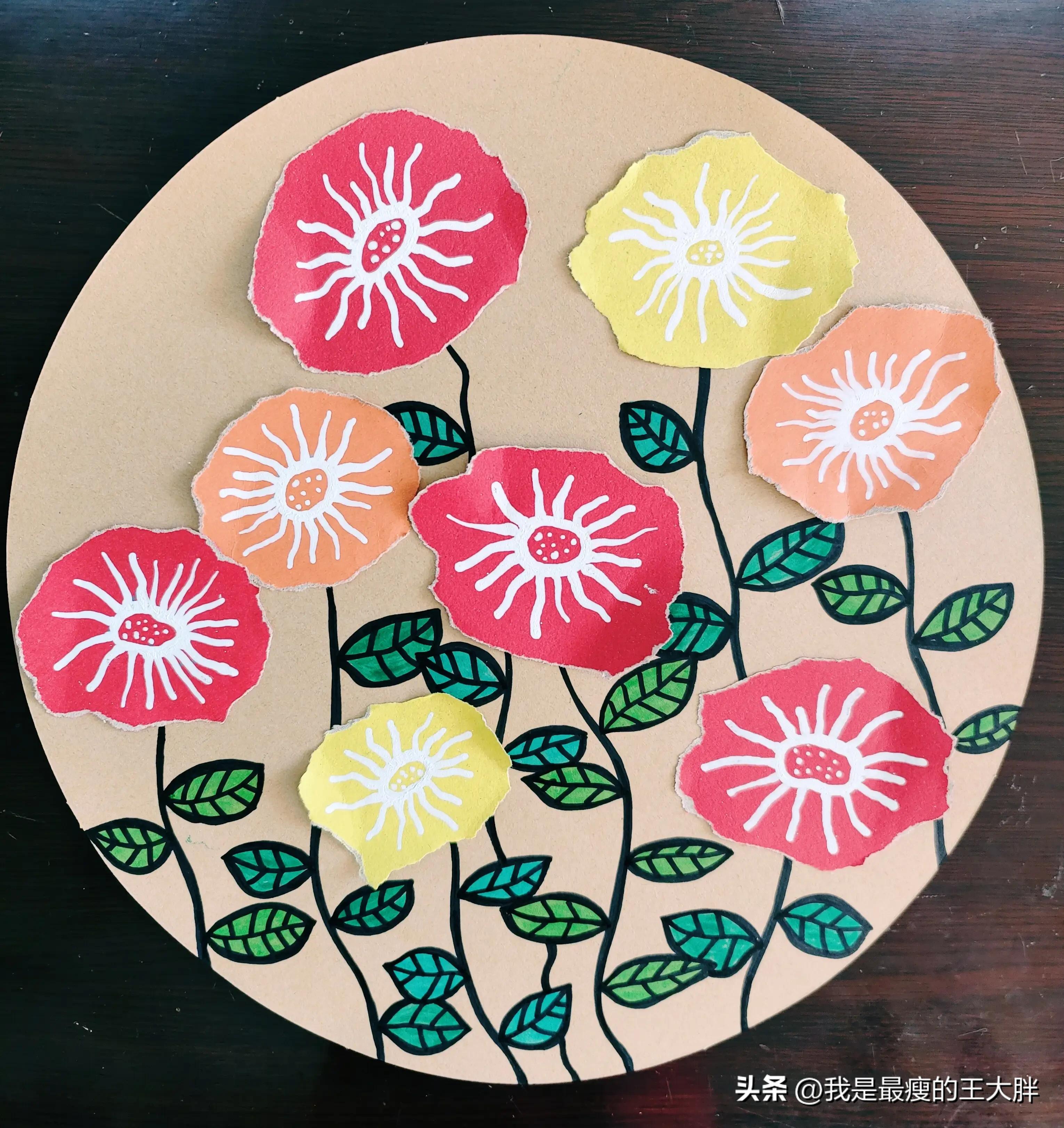 Spring theme painting, colorful flowers, tearing paper and pasting art ...