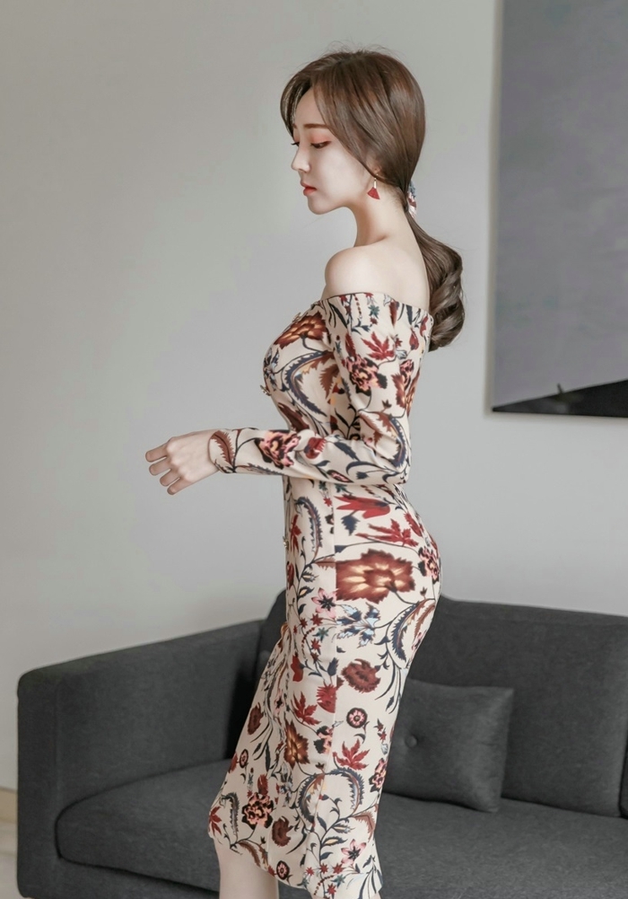 High heels beauty print off-shoulder tight skirt charming wear - iNEWS