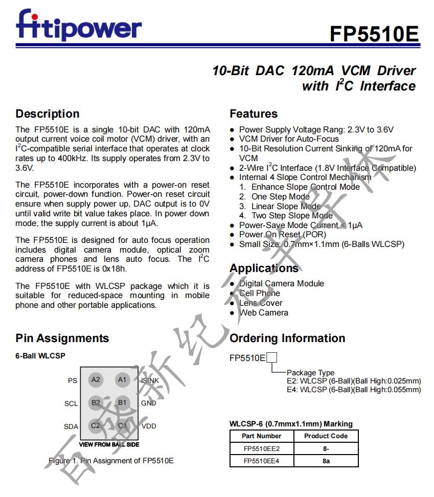 FP5510EE2 WLCSP 10-bit DAC 120mA VCM driver with I²C interface - iNEWS