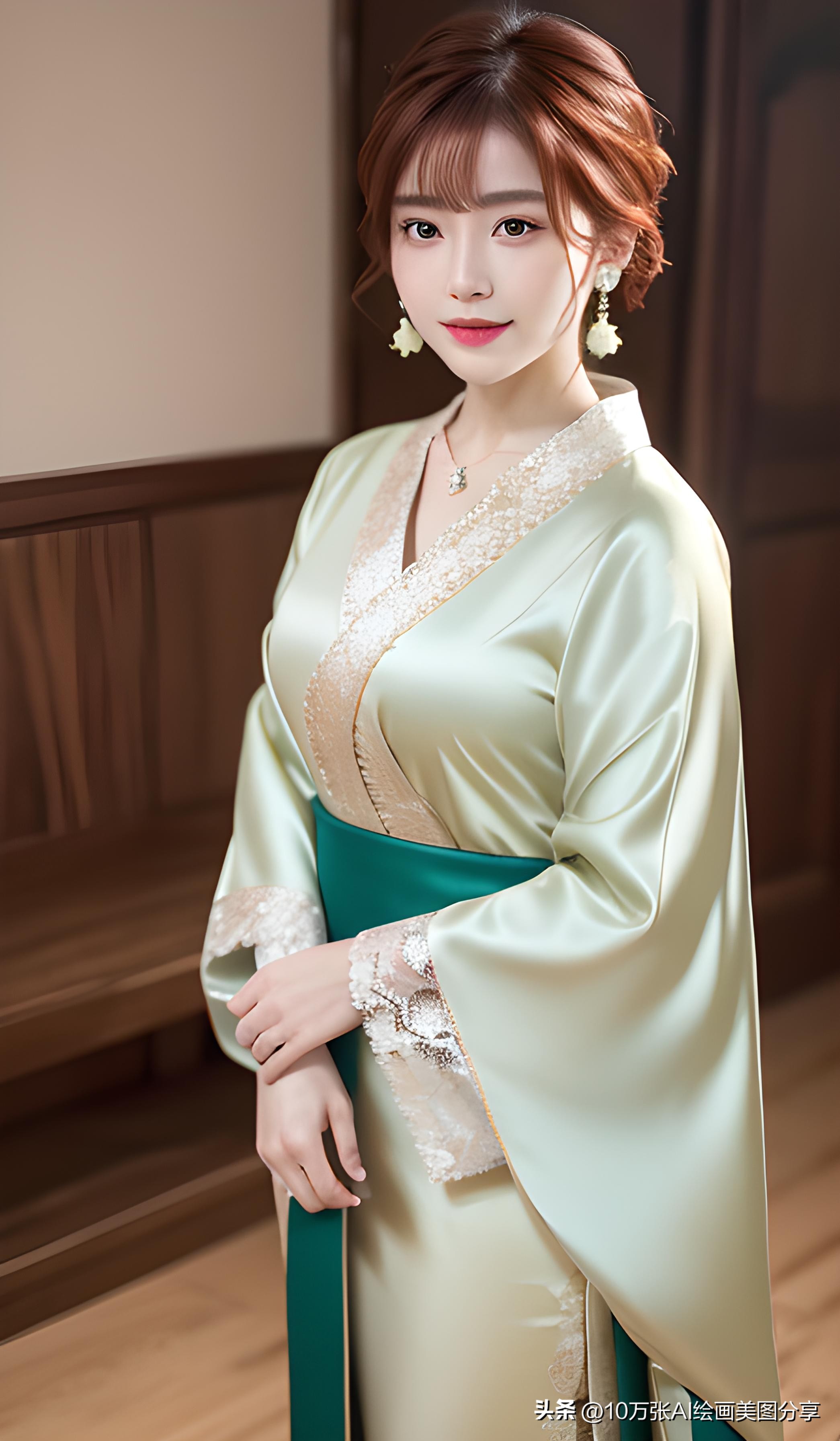 AI painting: light green Hanfu light dance building, green silk ...