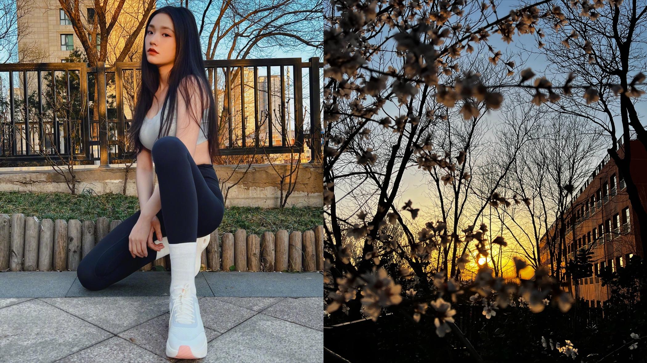 Lin Yun takes beautiful sports photos outdoors, wearing tight pants and ...