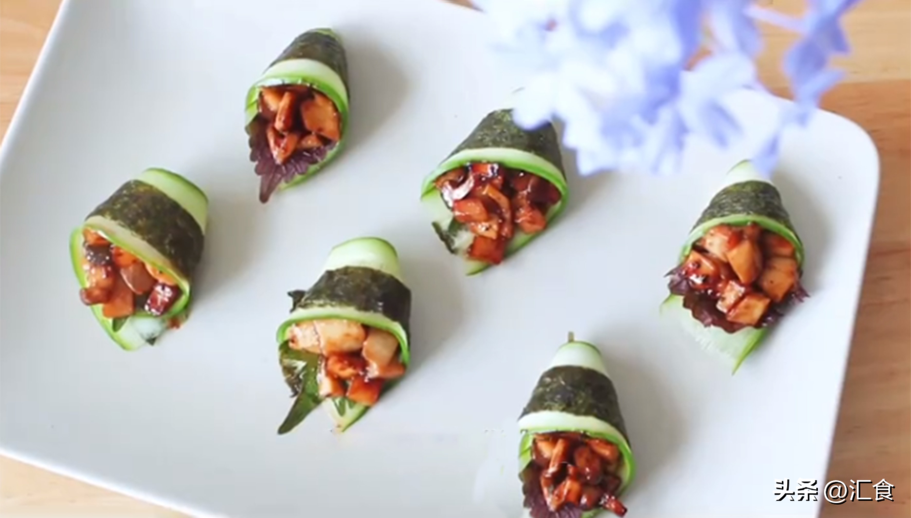 Twice-cooked fish, braised beef whip, cucumber and oyster mushroom roll ...