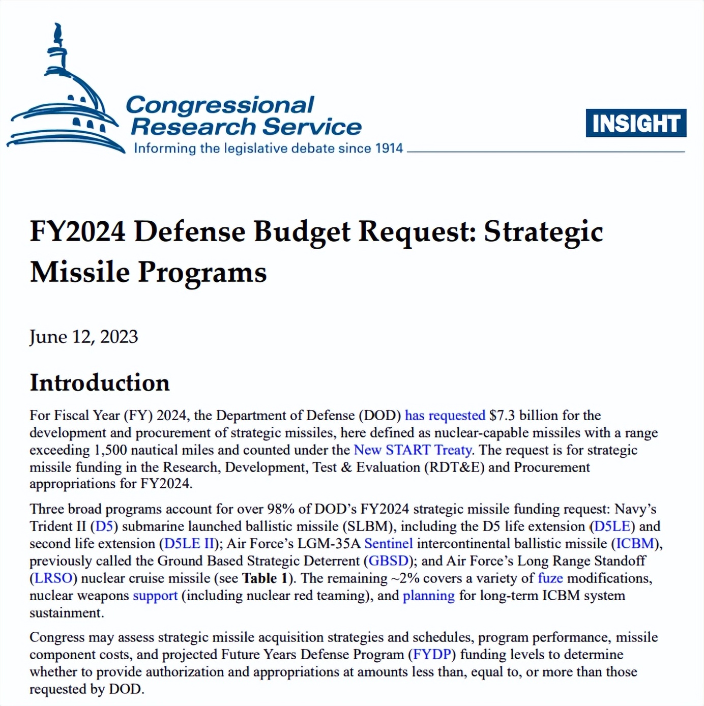 Congressional Services Research Service Releases Strategic Missile ...