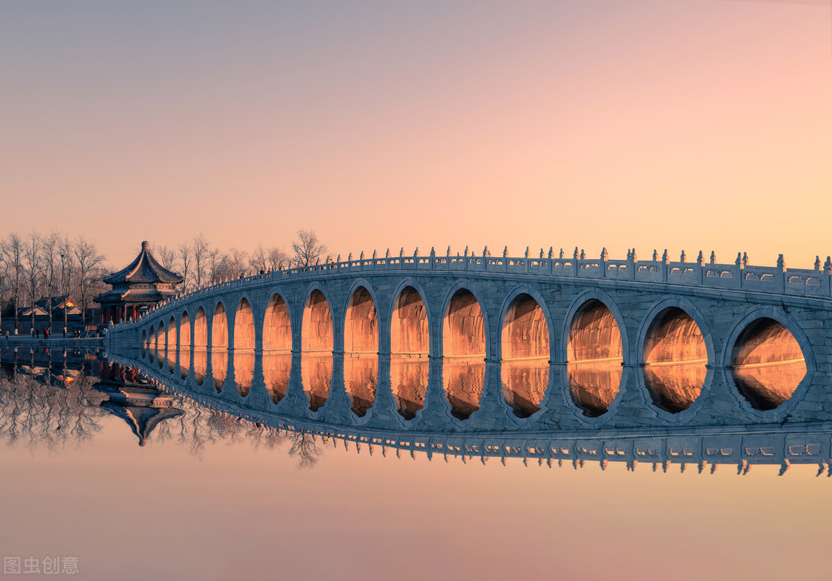 The orange sunset of Lugou Bridge shines with golden light The ancient ...