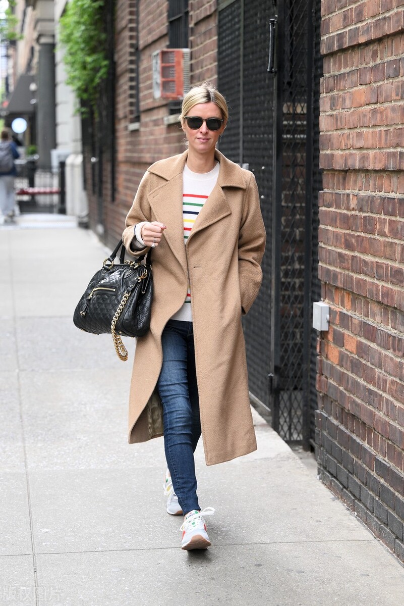 Nicky Hilton wears super good-looking, khaki coat + striped sweater ...