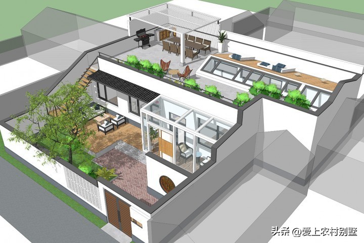 A drawing of a villa with a courtyard on the first floor, the real ...