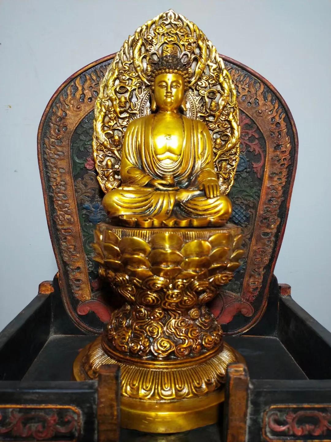 The old Tibetan old lacquer ware Buddha niche is installed with a ...