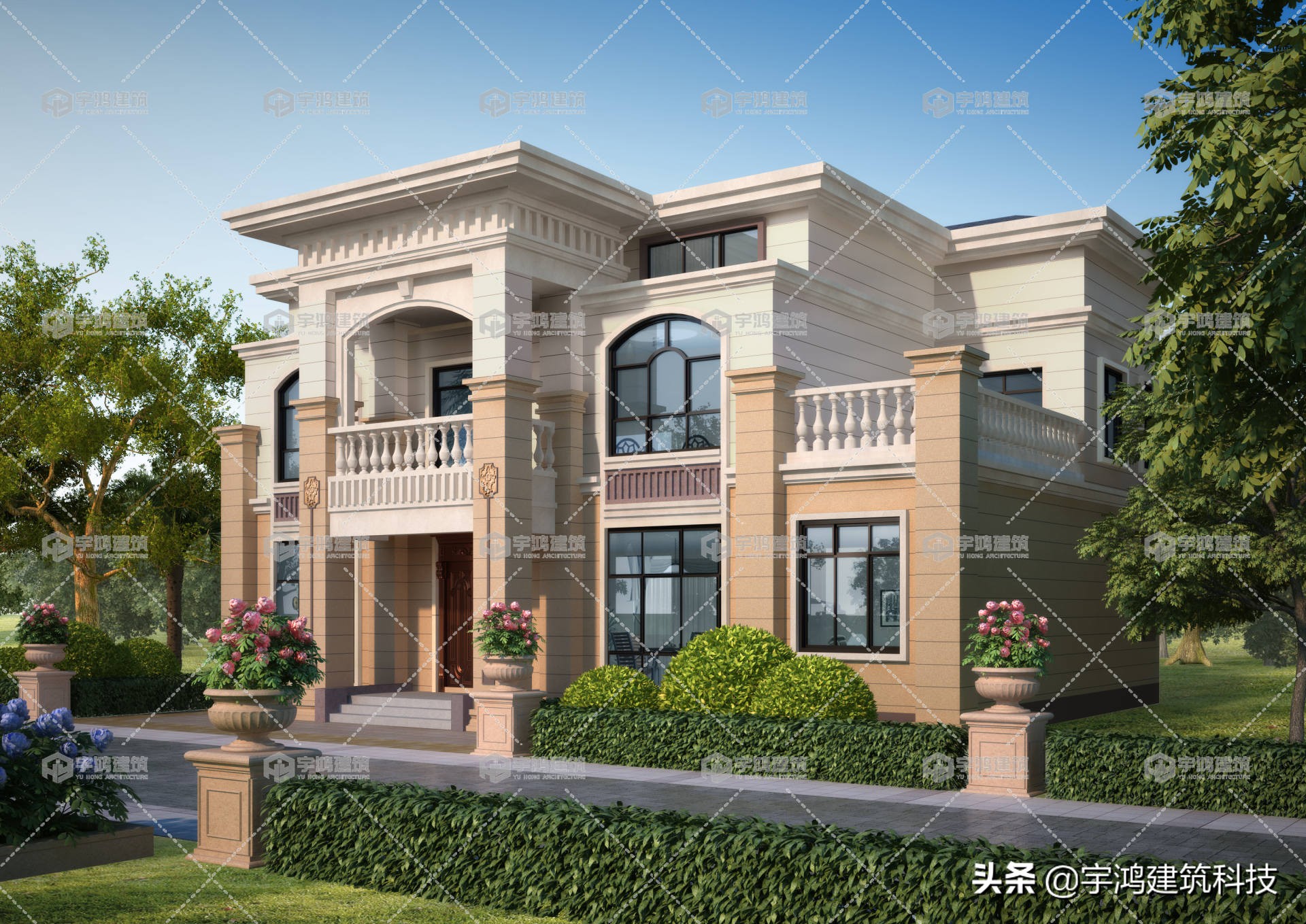 A two-story European-style villa with a main house, with a mezzanine ...