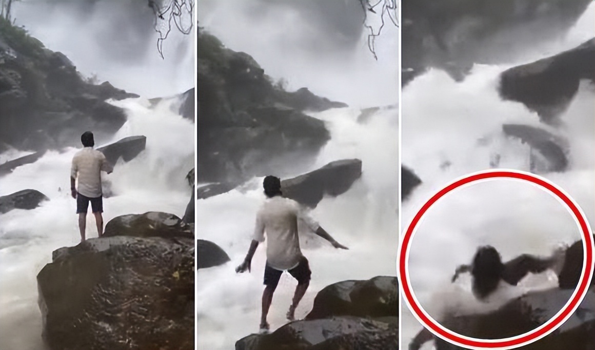 In order to take a picture of the tragic fall of the waterfall, the man ...