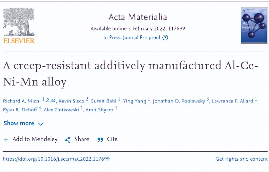 Metal Top Magazine "Acta Materialia": Additive Manufacturing of New Creep-Resistant Aluminum ...