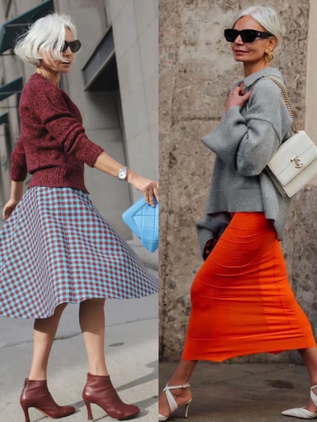 The fashionable grandma is old-fashioned. She wears clothes and throws ...