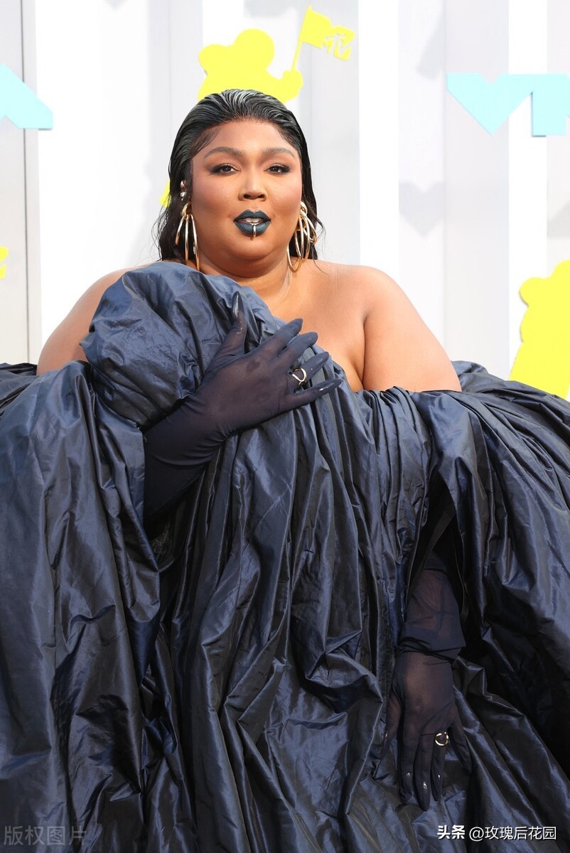 MTV Video Music Awards red carpet, female singer Lizzo's dark blue ...