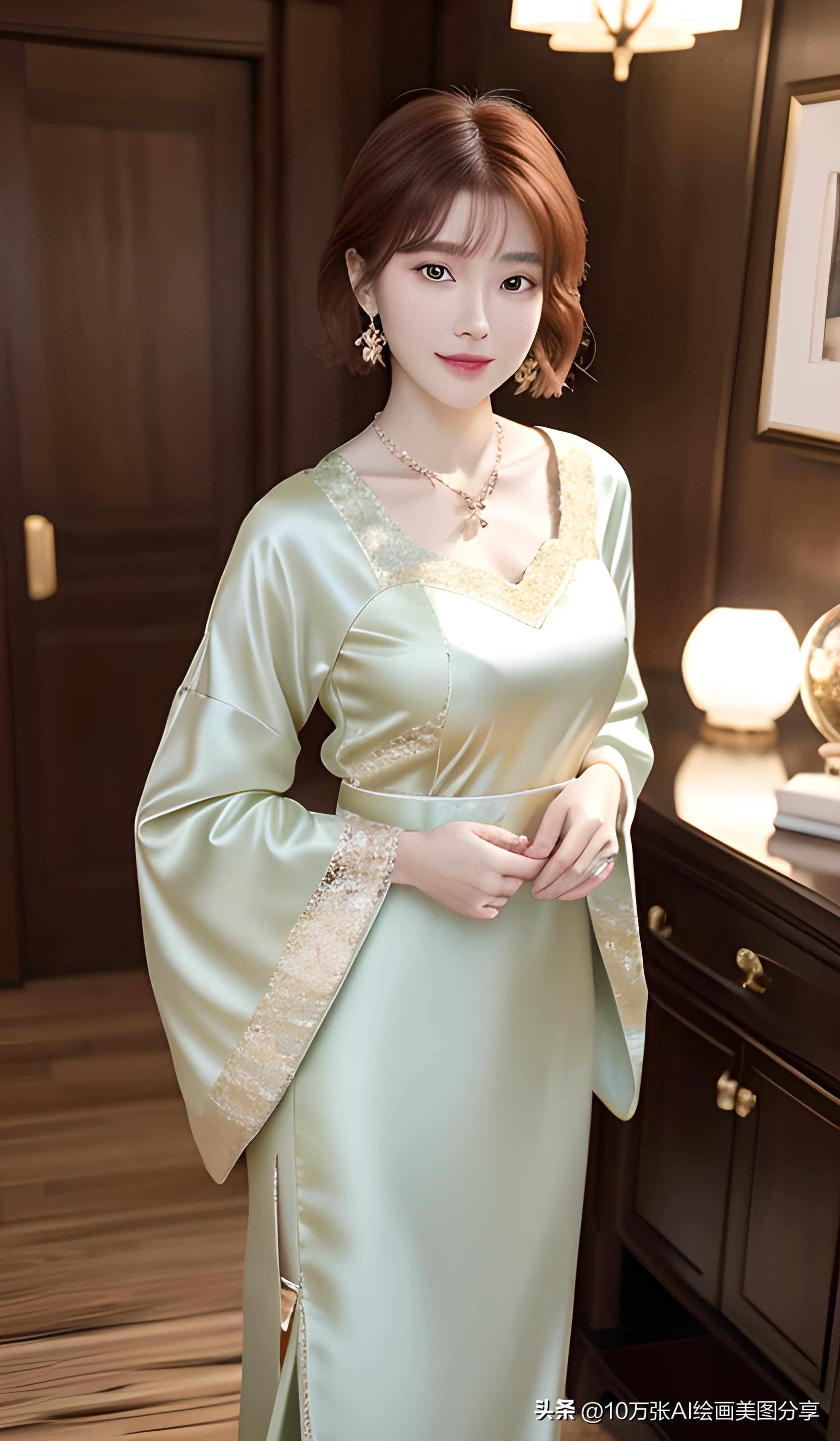 AI painting: light green Hanfu light dance building, green silk ...