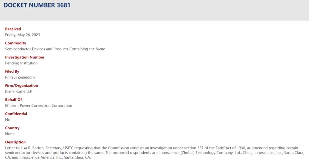 The United States filed a 337 investigation application for specific ...