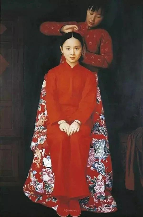 The woman in red in the oil painting, Chinese red shows the most ...